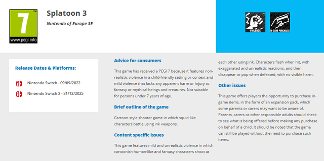 Colorful shooter Splatoon 3 receives age rating for Nintendo Switch 2